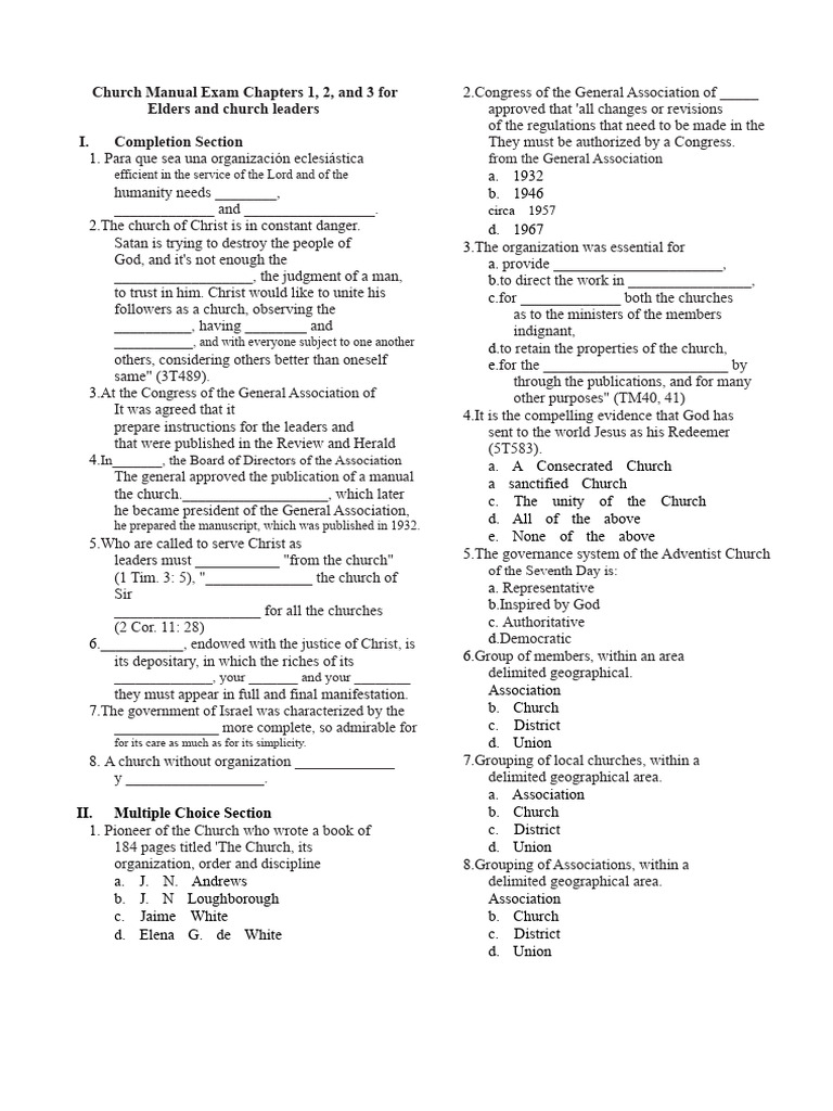 Church Manual Exam for Elders and Leaders | PDF | Religious Belief And ...