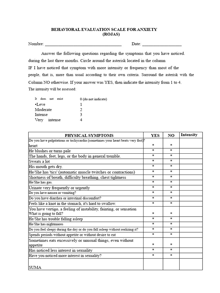 Behavioral Assessment Scale For Anxiety by Rojas | PDF | Anxiety | Thought