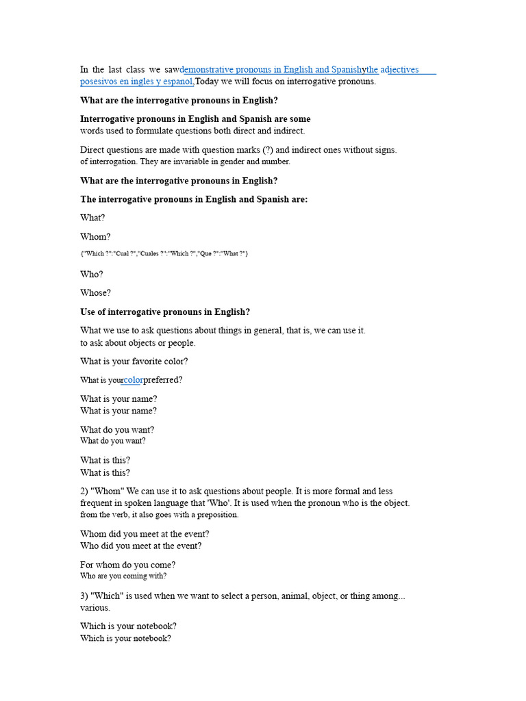 Interrogative Pronouns in English and Spanish | PDF | English Language ...