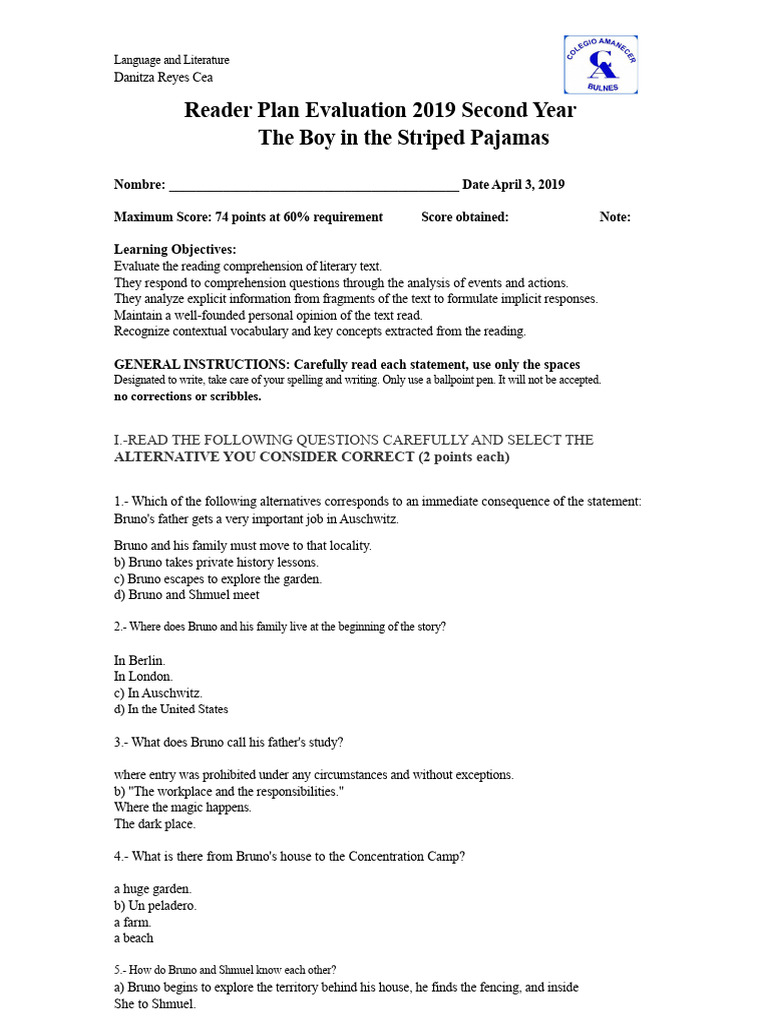 Reading Comprehension The Boy in The Striped Pajamas | PDF | Reading ...