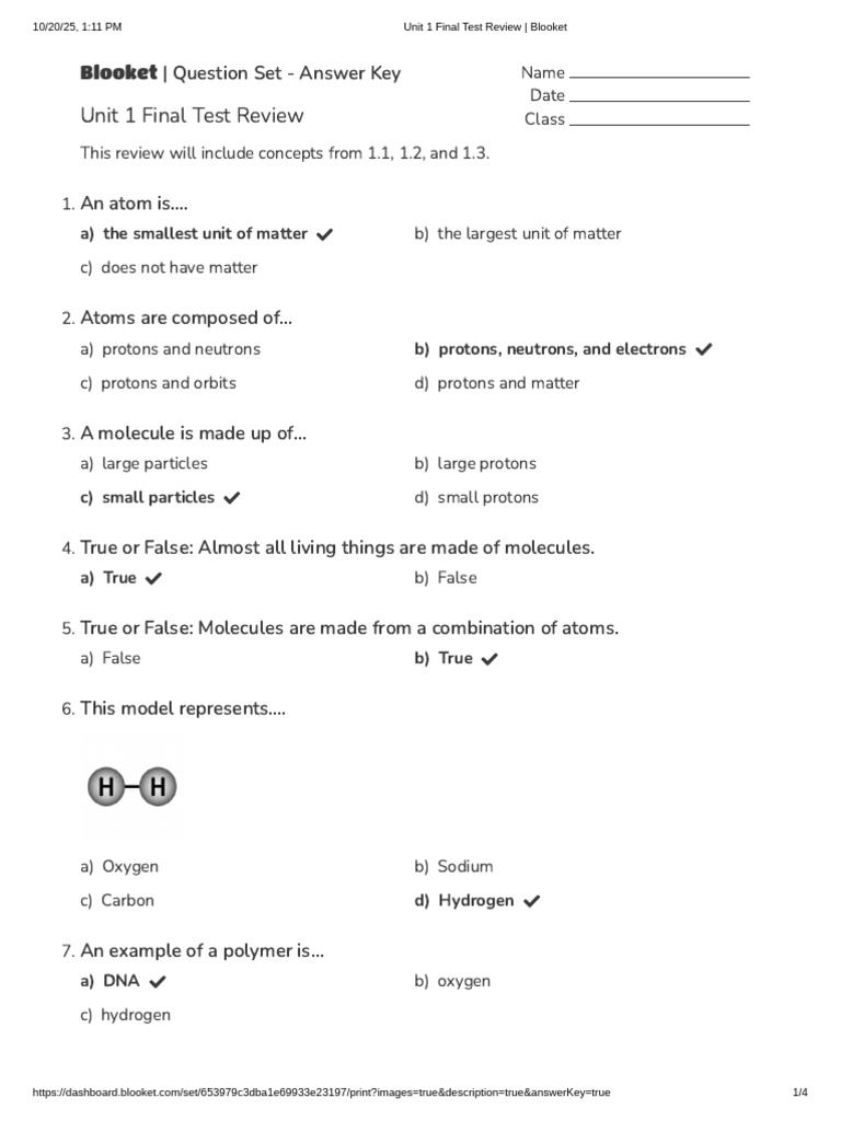 Unit 1 Final Test Review - Blooket | PDF | Molecules | Matter