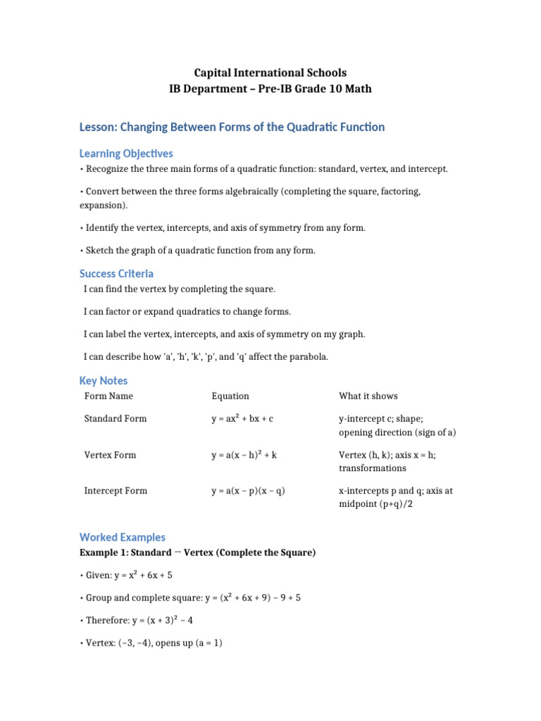 Quadratic Functions: Form Conversion Guide | PDF | Mathematical Objects ...