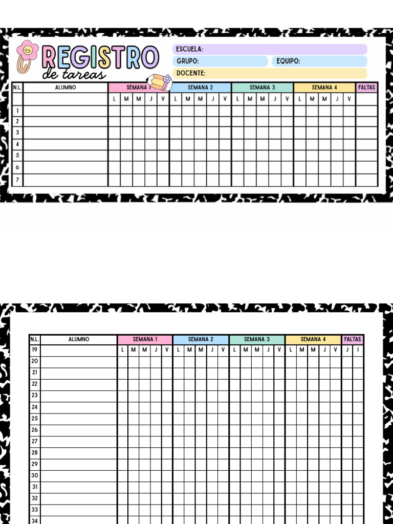 Hoja de Registro de Asistencia para Docentes Ilustrado Kawaii Negro y ...