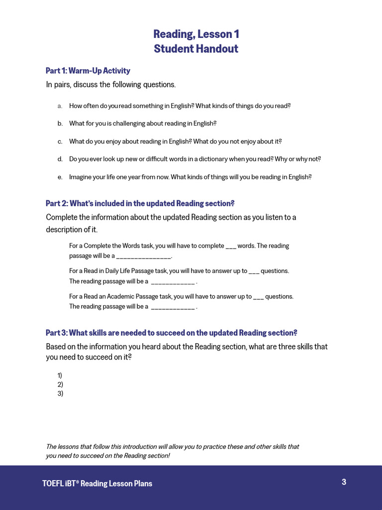 TOEFL Ibt Lesson Plan Reading | PDF | Self Awareness | Psychology