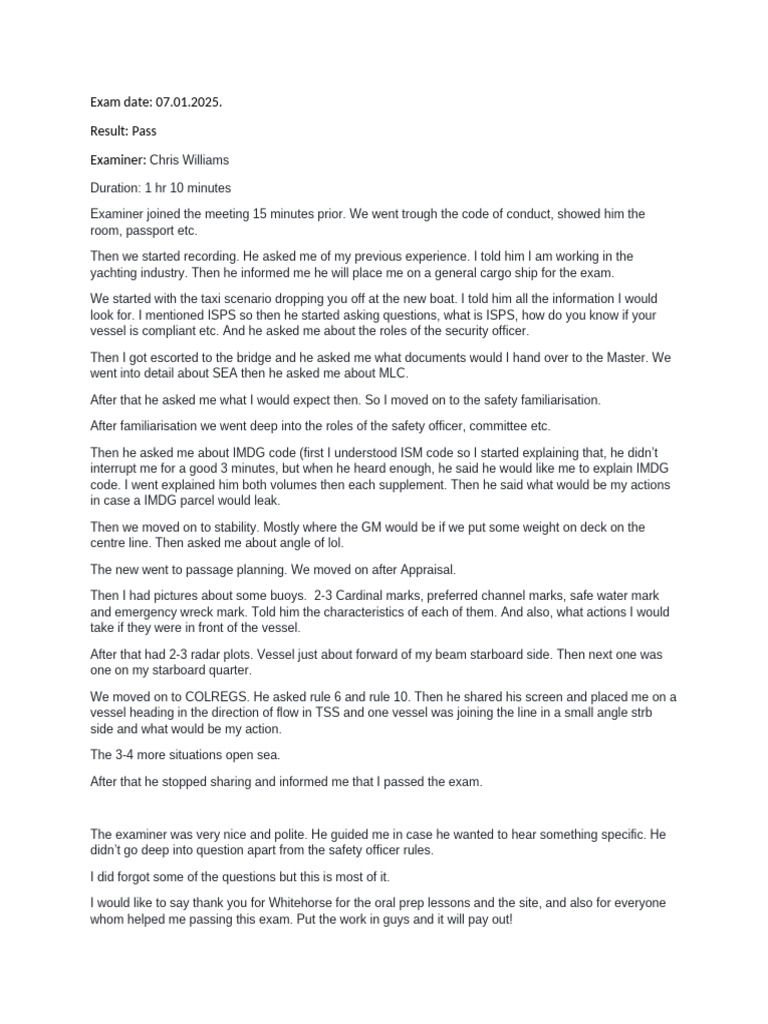 OOW (Unlimited) Orals Report - 2025-01 - Williams - Pass 2 | PDF | Water Transport | Ships