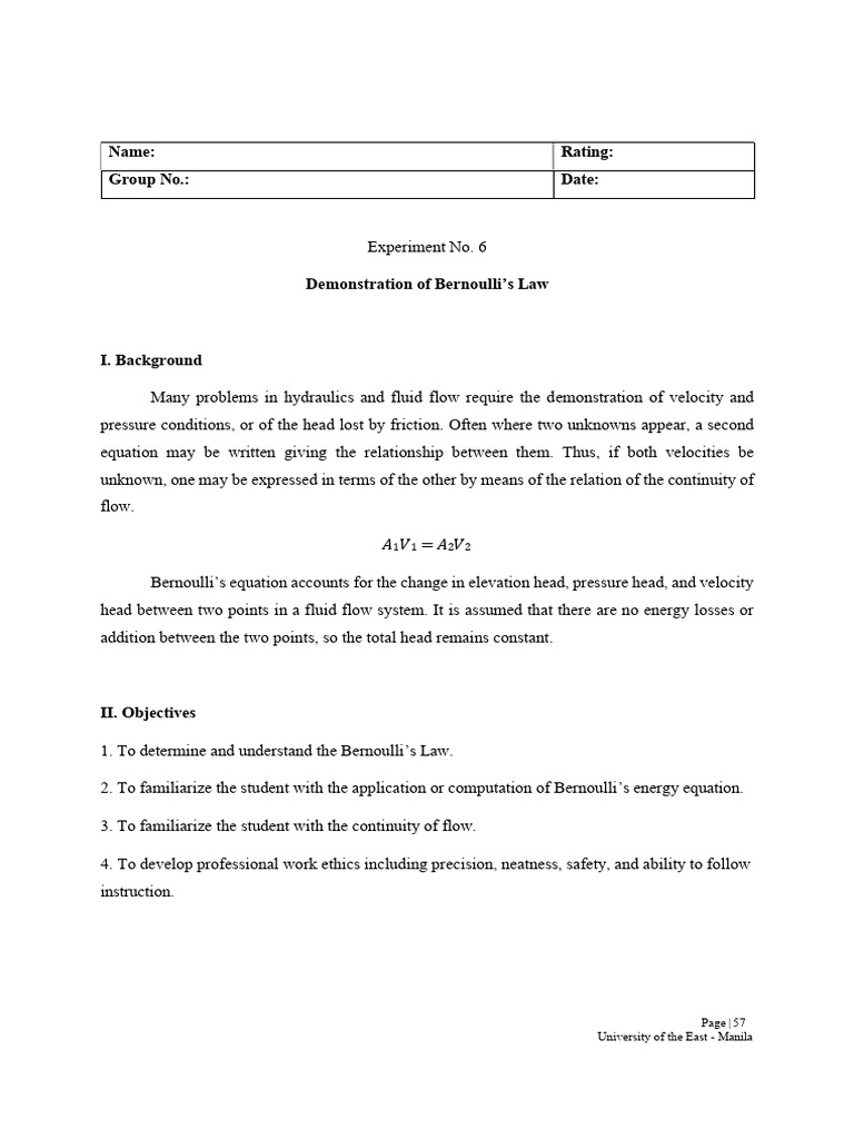 Experiment 6 - Demonstration of Bernoulli's Law | PDF | Fluid Dynamics ...