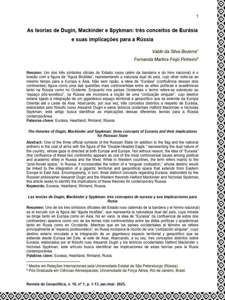 Teorias de Dugin, Mackinder e Spykman sobre Eurásia | PDF | Geopolítica ...