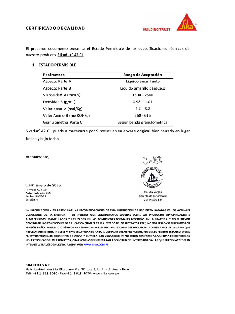 Certificado de Calidad de SIKADUR 42 2025 | PDF