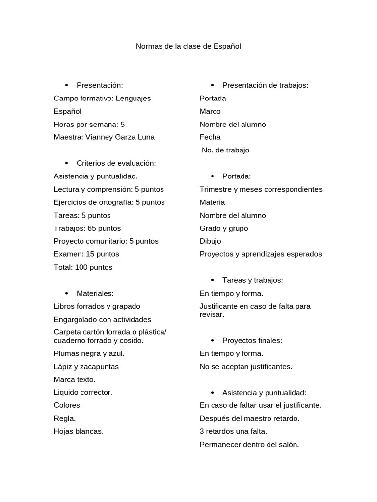 Normas de La Clase de Español | PDF
