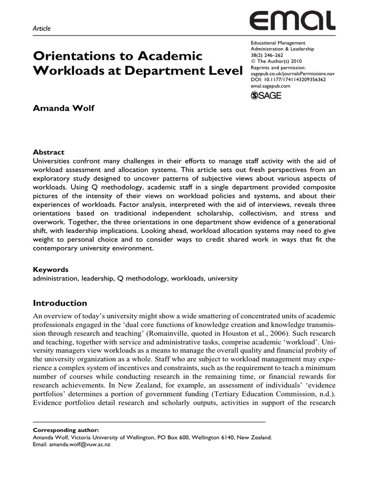 Wolf 2010 Orientations To Academic Workloads at Department Level | PDF ...