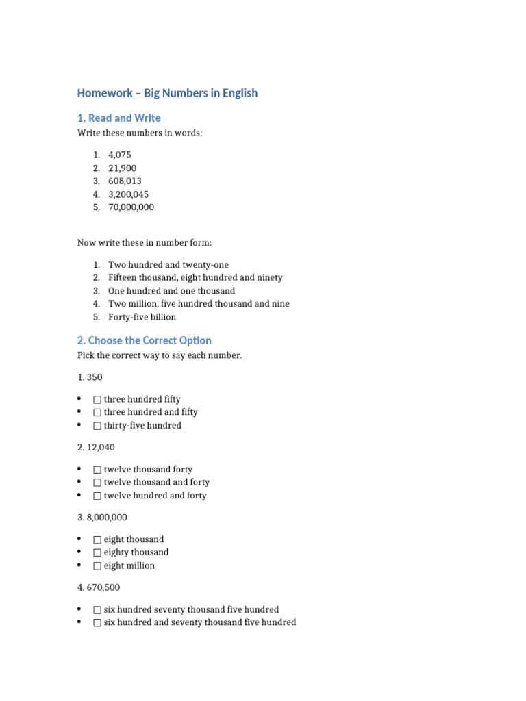 Homework Big Numbers in English | PDF