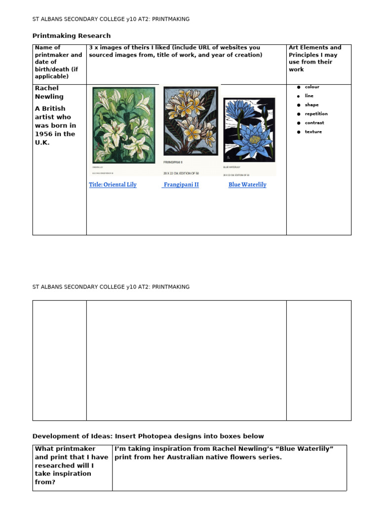 Amy Vo Yr10 Visual Arts Printmaking at Handout | PDF | Printmaking ...