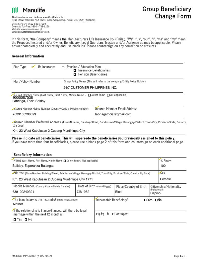 Group Beneficiary Change Form | PDF | Private Law | Legal Documents