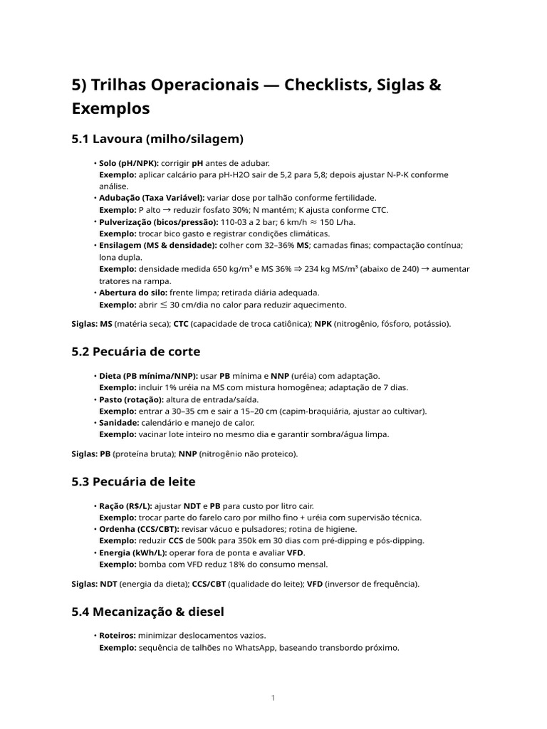 Ia‑Agro _ 5) Trilhas Operacionais — Checklists, Siglas & Exemplos | PDF