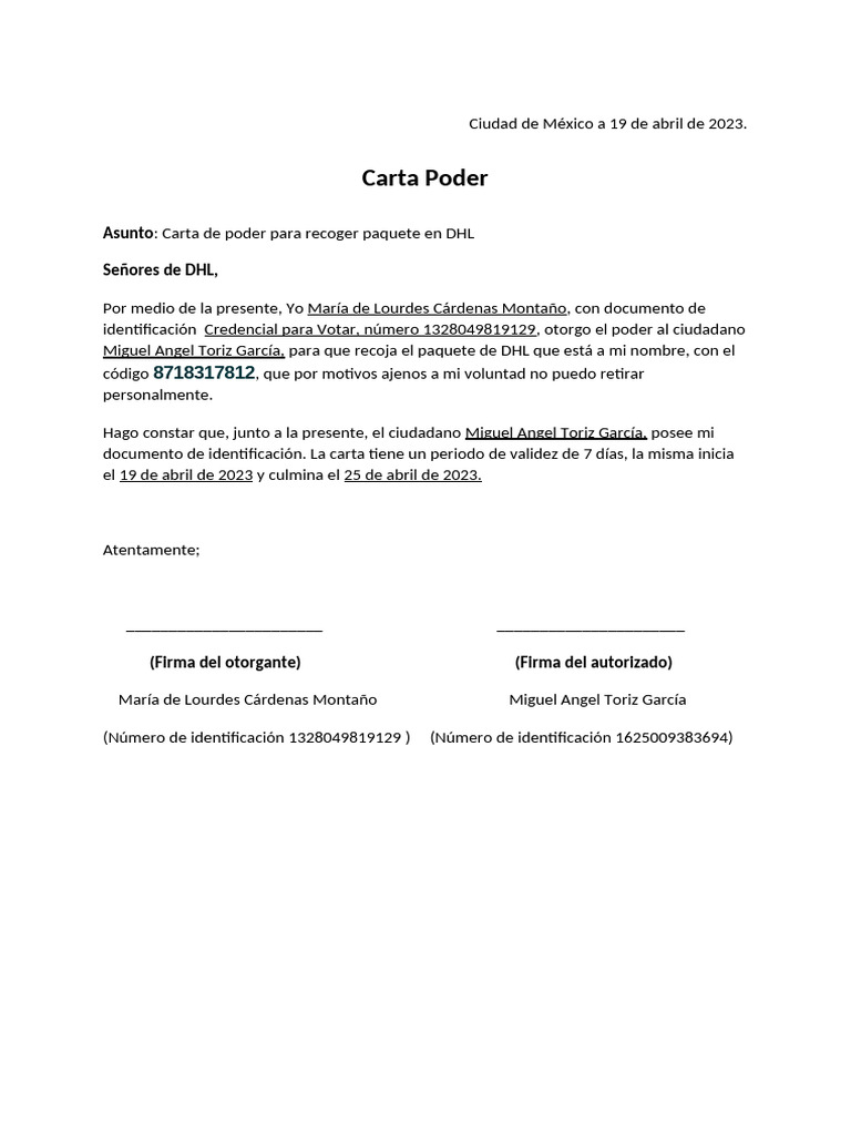 Carta Poder para Recoger Paquete DHL | PDF