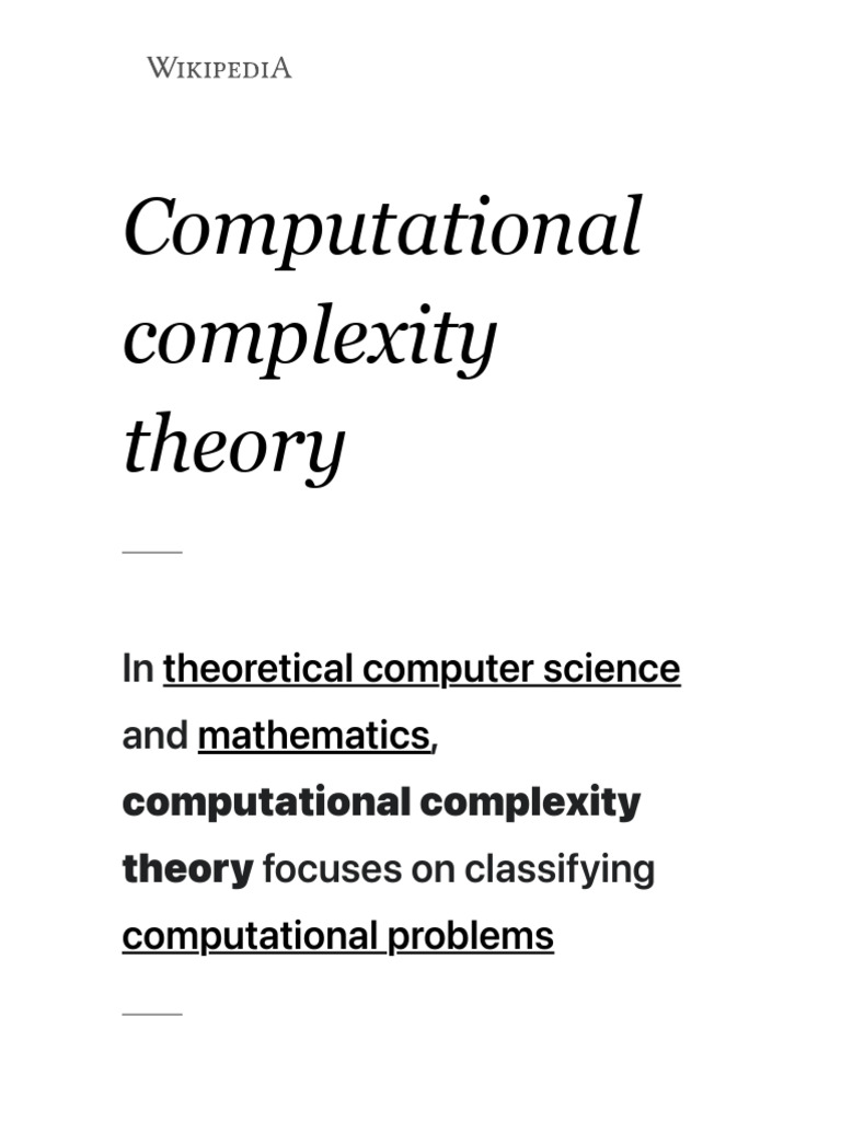 Computational Complexity Theory - Wikipedia | PDF | Computational Complexity Theory | Time ...