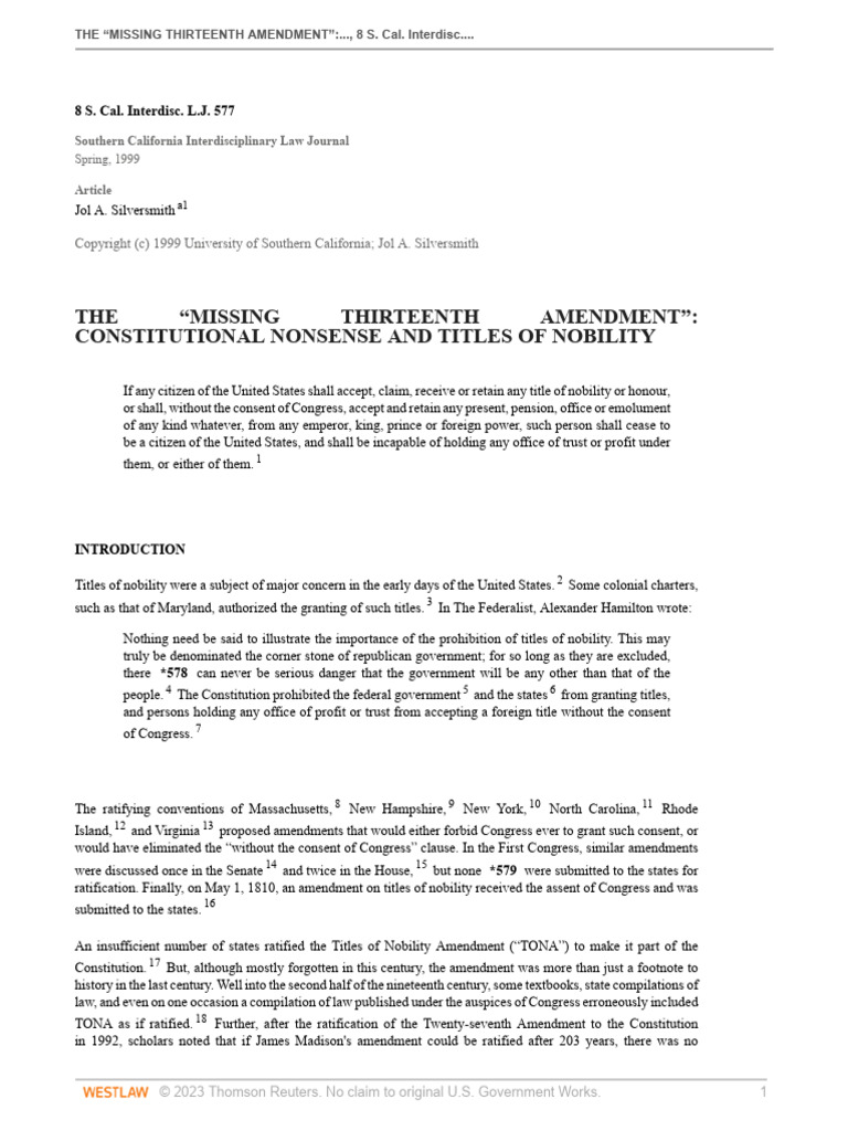 The Missing Thirteenth Amendment Constitutional Nonsense and Titles ...