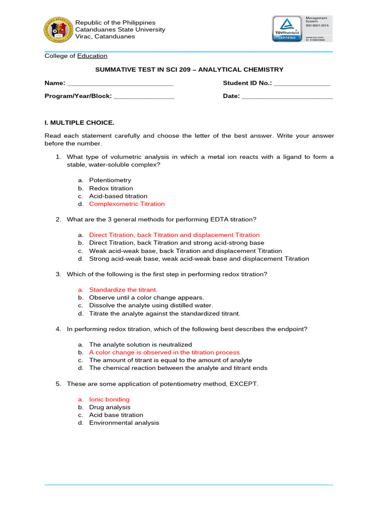 Group 1 Key To Correction Summative Test | PDF | Titration | Chemistry