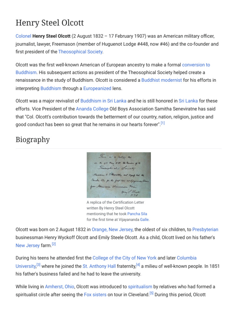 Henry Steel Olcott - Wikipedia | PDF | Spirituality | Nāstika