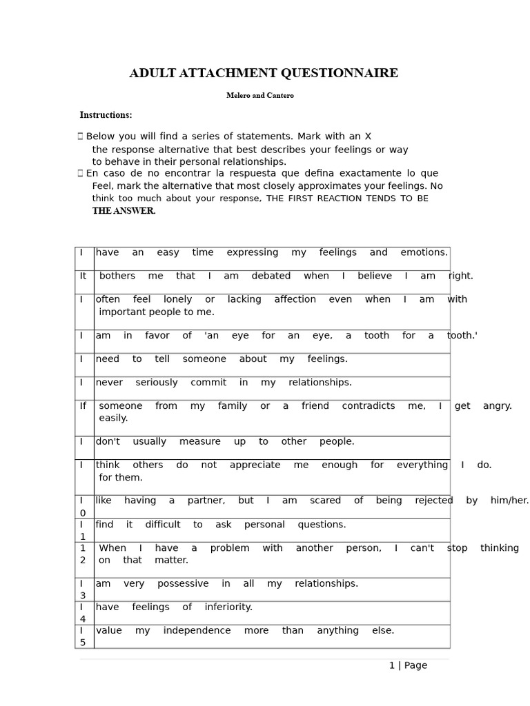 Adult Attachment Questionnaire (Melero and Cantero) | PDF | Attachment ...
