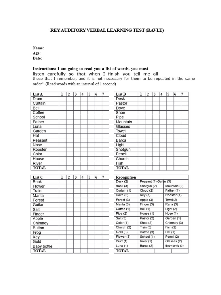 RAVLT Word Recall Test Instructions | PDF | Psychological Concepts ...