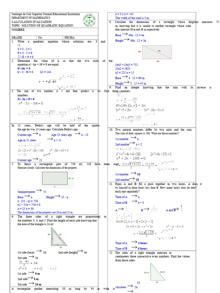 Quadratic Equations 1 Solved | PDF | Equations | Quadratic Equation