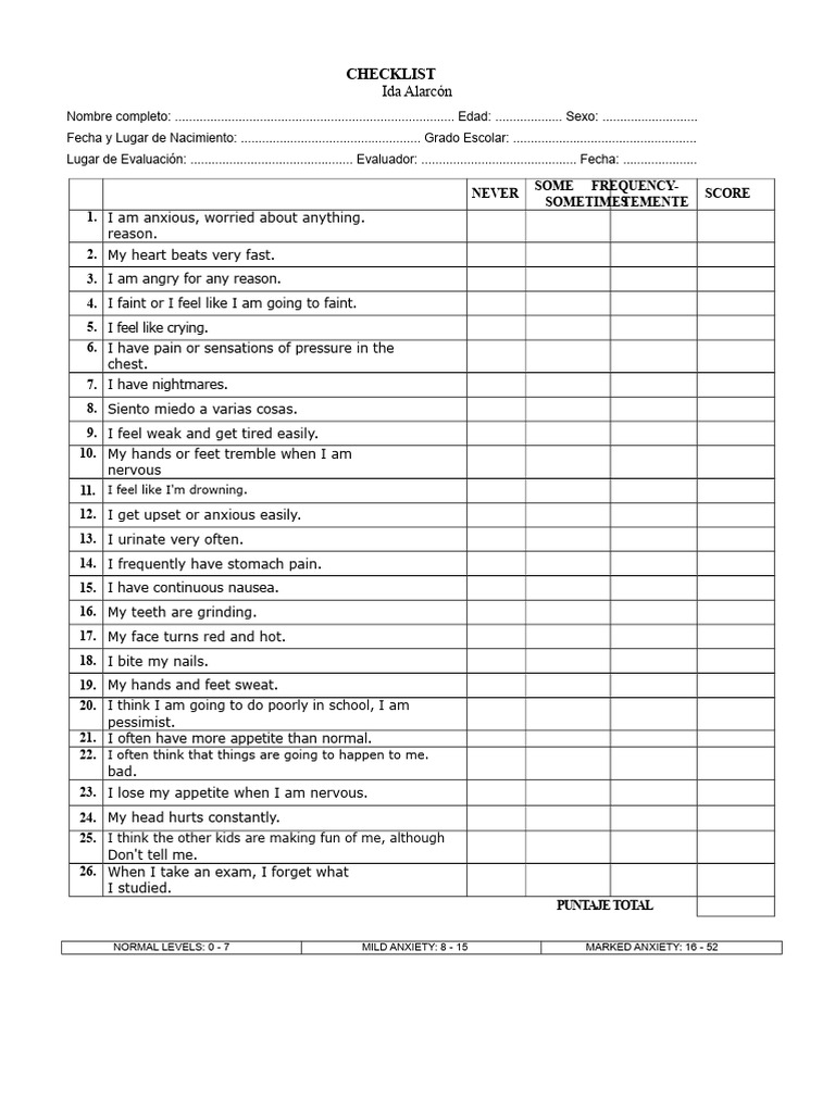Anxiety in Children - Behavioral Checklist | PDF