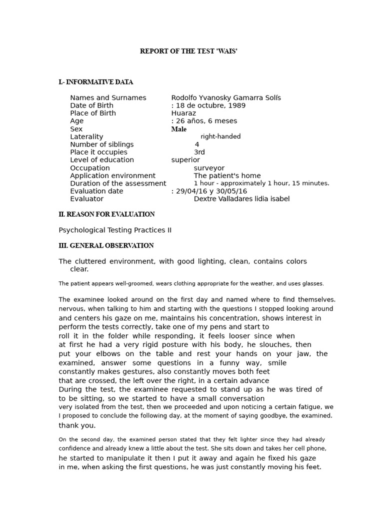 WAIS Test Report for Rodolfo Gamarra | PDF | Wechsler Adult ...