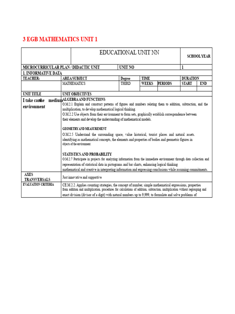 3rd Grade EGB M Planning by Didactic Unit | PDF | Mathematics | Algebra