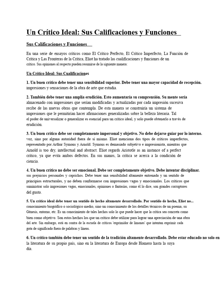 Cualidades y Funciones del Crítico Ideal | PDF | Conocimiento ...