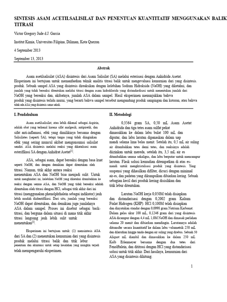Sintesis dan Analisis Kemurnian ASA | PDF