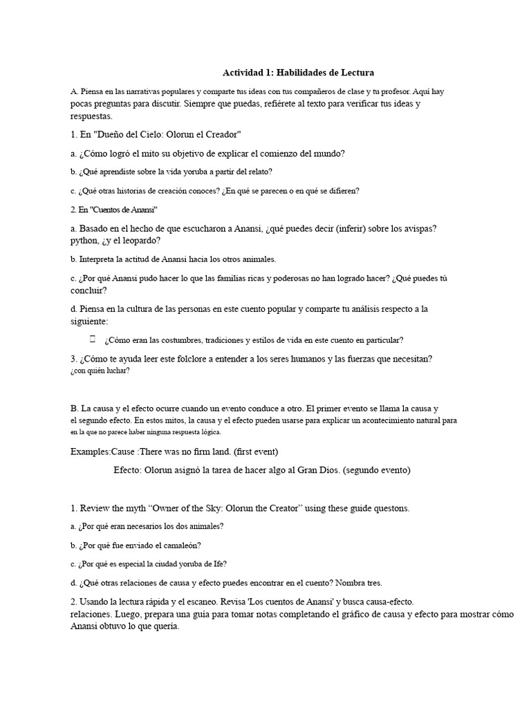El Cuento de Anansi y Olorun - Actividad 1 | PDF | Folklore