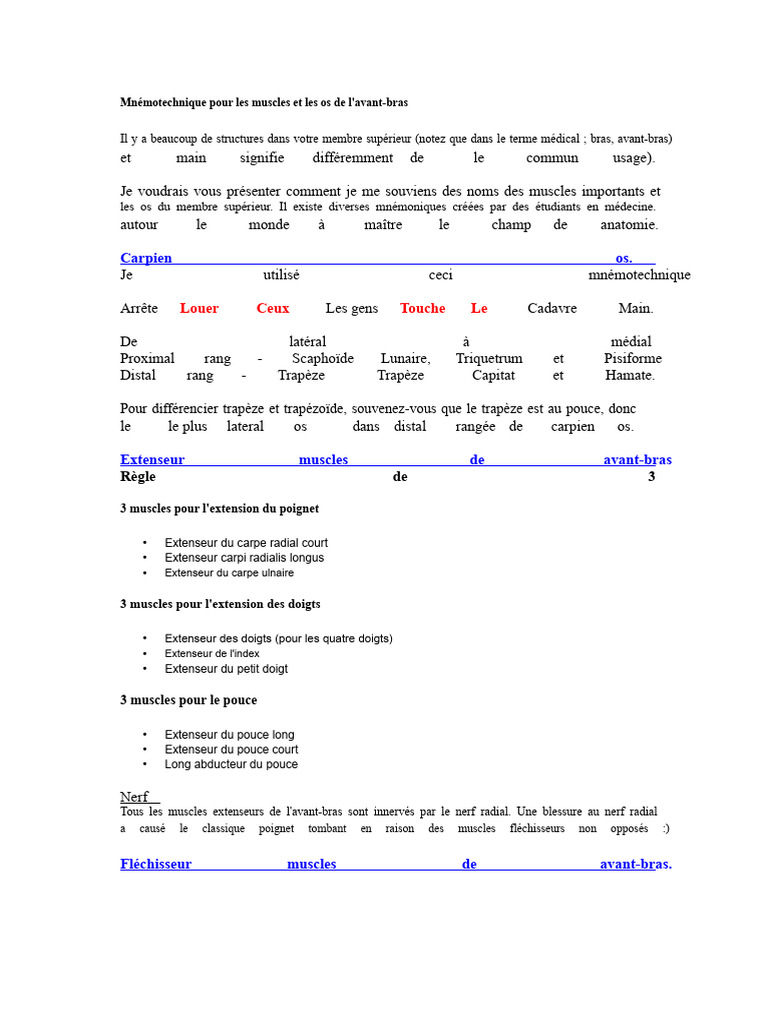 Mnémotechniques pour muscles et os de l'avant-bras | PDF | Main ...