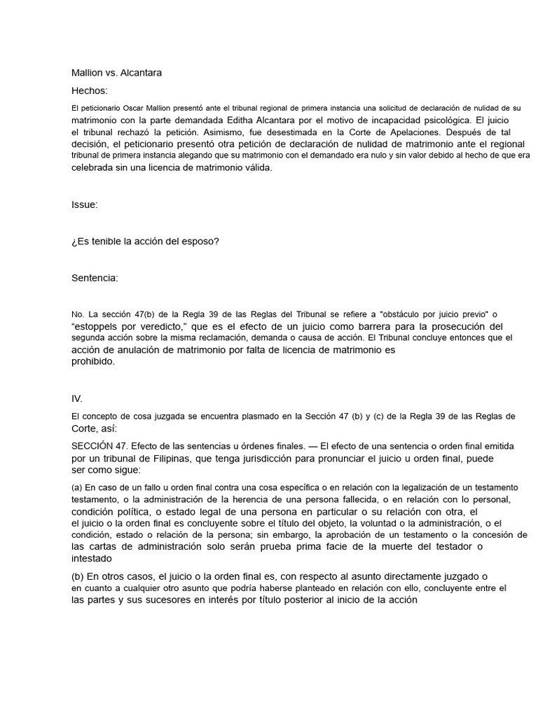 Resumen Del Caso Mallion Contra Alcantara | PDF | Res Judicata ...
