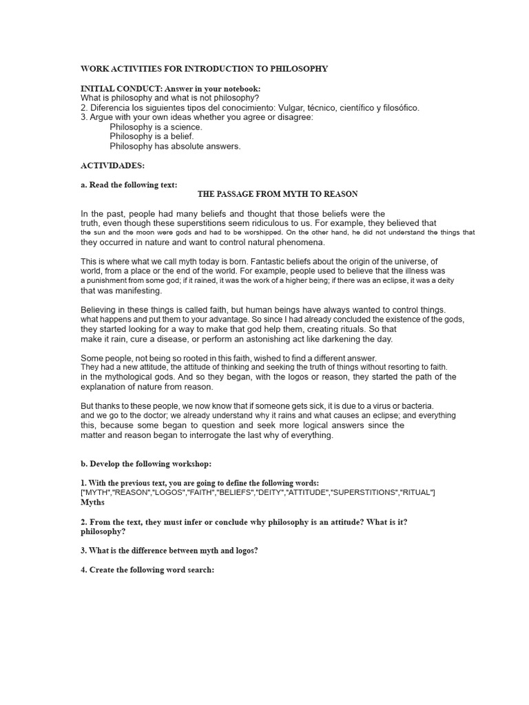 Introduction to Philosophy Activities | PDF | Reason | Knowledge
