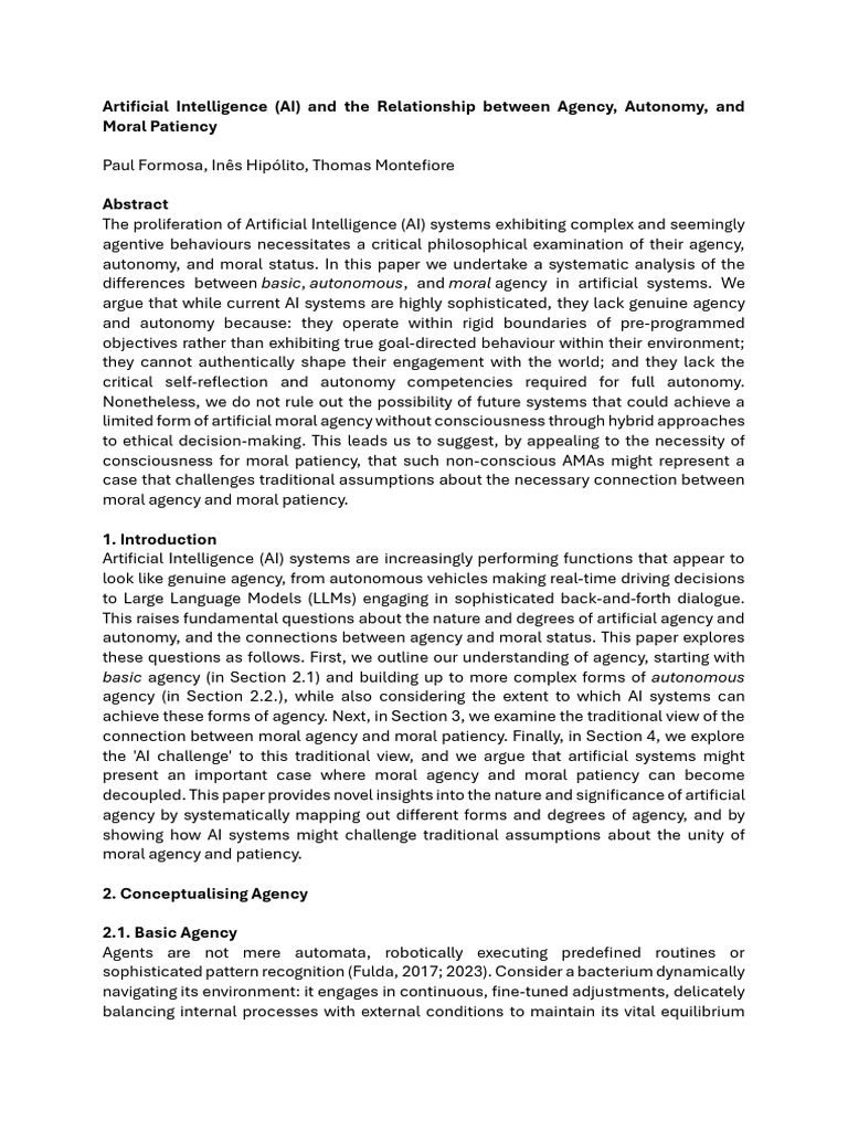 AI Agency, Autonomy, and Moral Status | PDF | Intelligence (AI ...