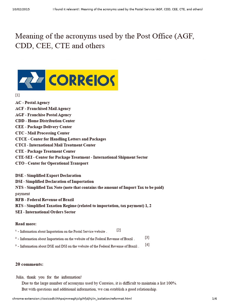 Correios - Meaning of the acronyms used by Correios (AGF, CDD, CEE, CTE ...