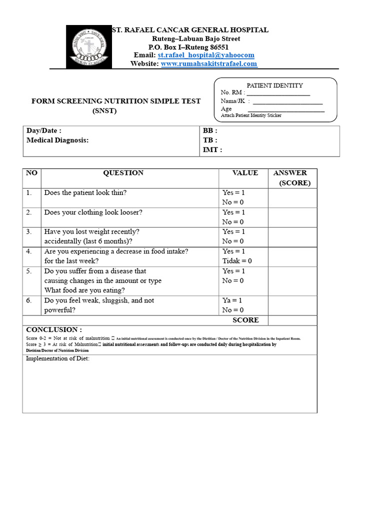 Adult Nutrition Screening Form SNST | PDF | Malnutrition | Diseases And ...