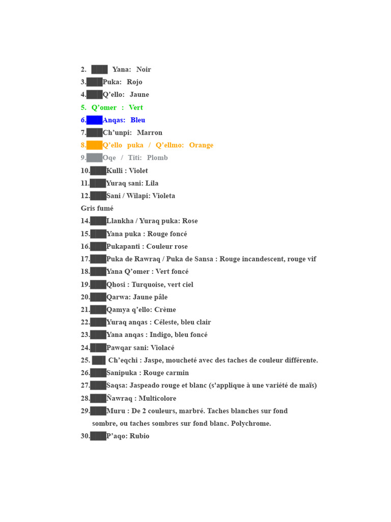 Liste des couleurs en quechua | PDF