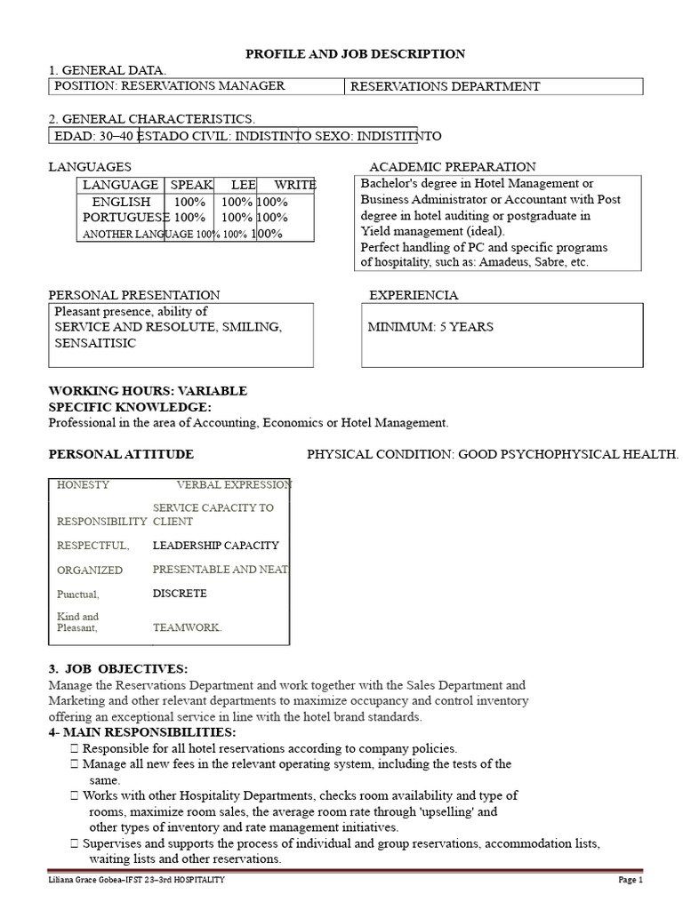 Profile and Job Description of Hotel Reception Manager. | PDF ...