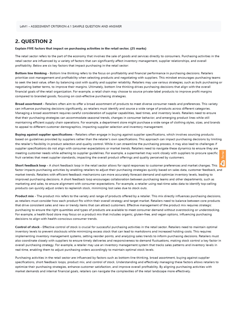 l4m1 - Assessment Criterion 4.1 Sample Question and Answer_ Question 2 _ Bma | PDF | Retail ...