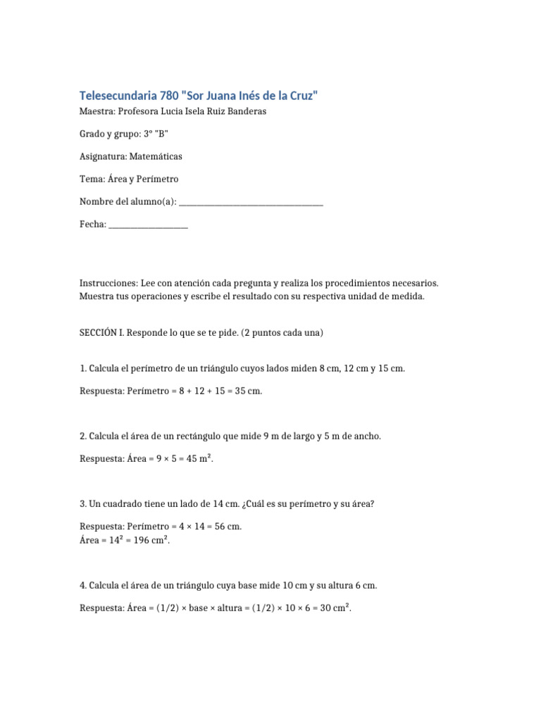 Examen Area y Perimetro 3B Con Respuestas | PDF | Geometría euclidiana ...