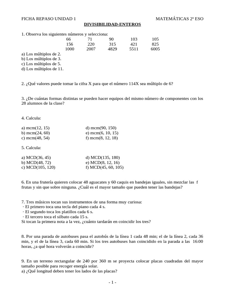 1 - Ficha de Repaso Divisibilidad-Enteros | PDF