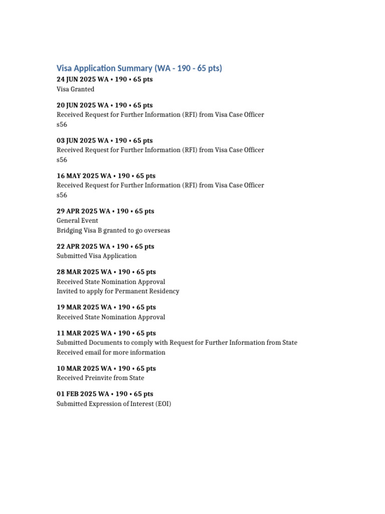 WA 190 Visa Application Timeline Summary | PDF