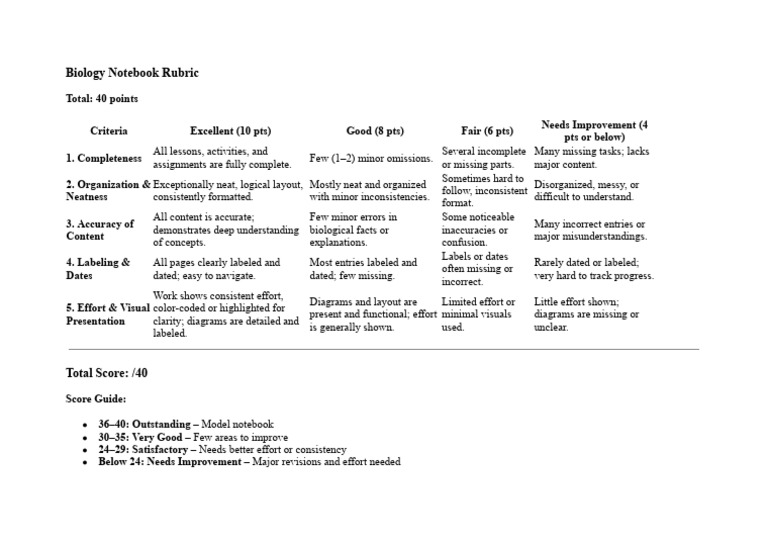 Biology Notebook Grading Rubric | PDF