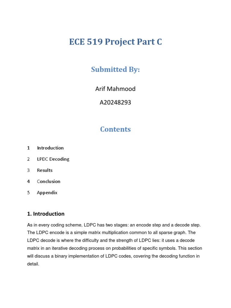 An Introduction To Low Density Parity Check Codes Matlab Implementation Pdf Low Density