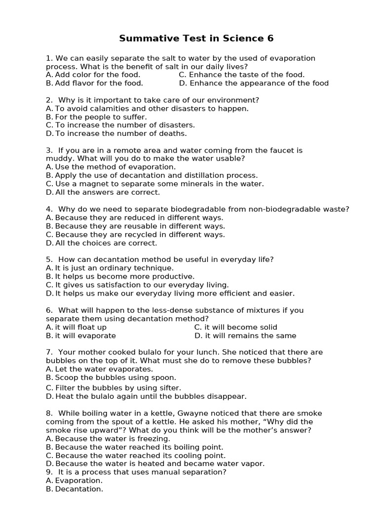 Summative Test in Science 6 | PDF | Filtration | Water