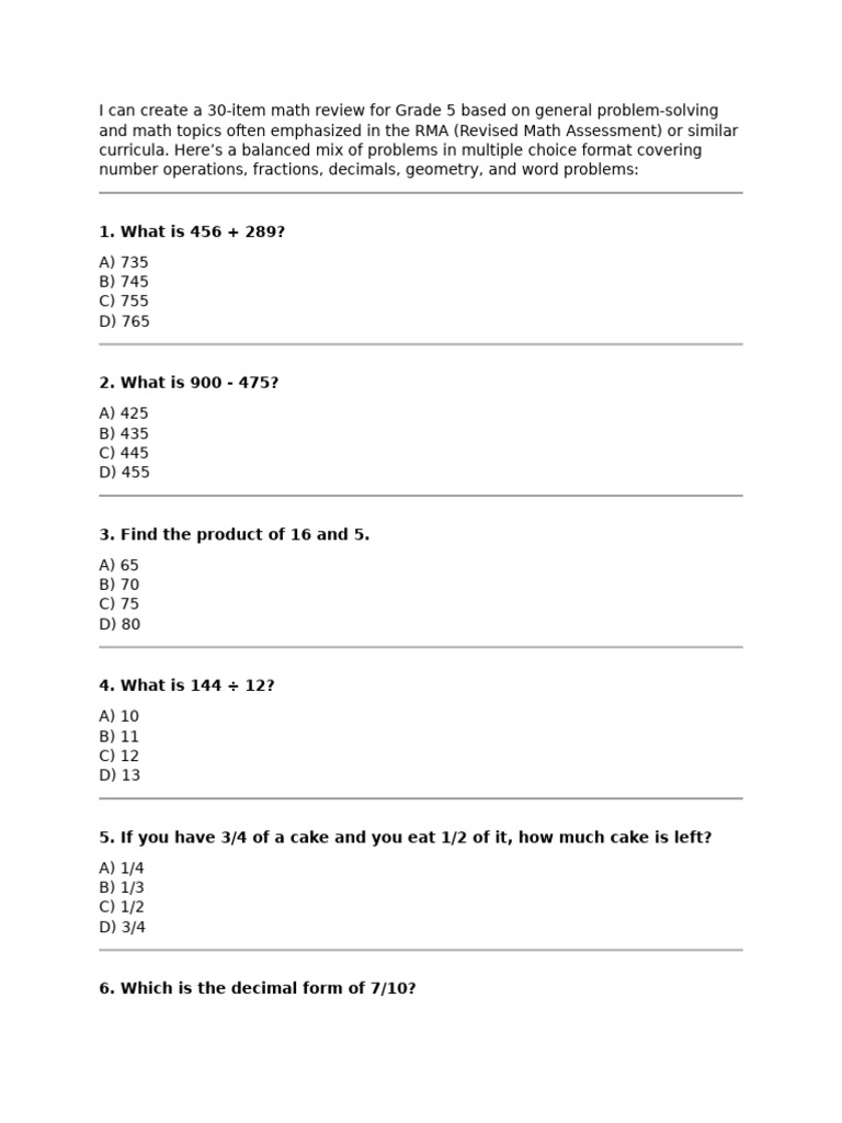 Grade 5 Math Review: 30 Questions | PDF | Arithmetic | Number Theory