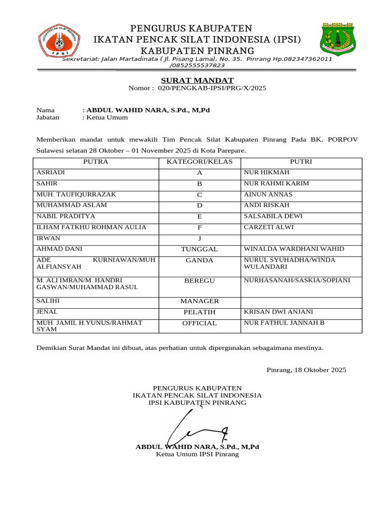 Surat Mandat IPSI Pinrang Oktober 2025 | PDF