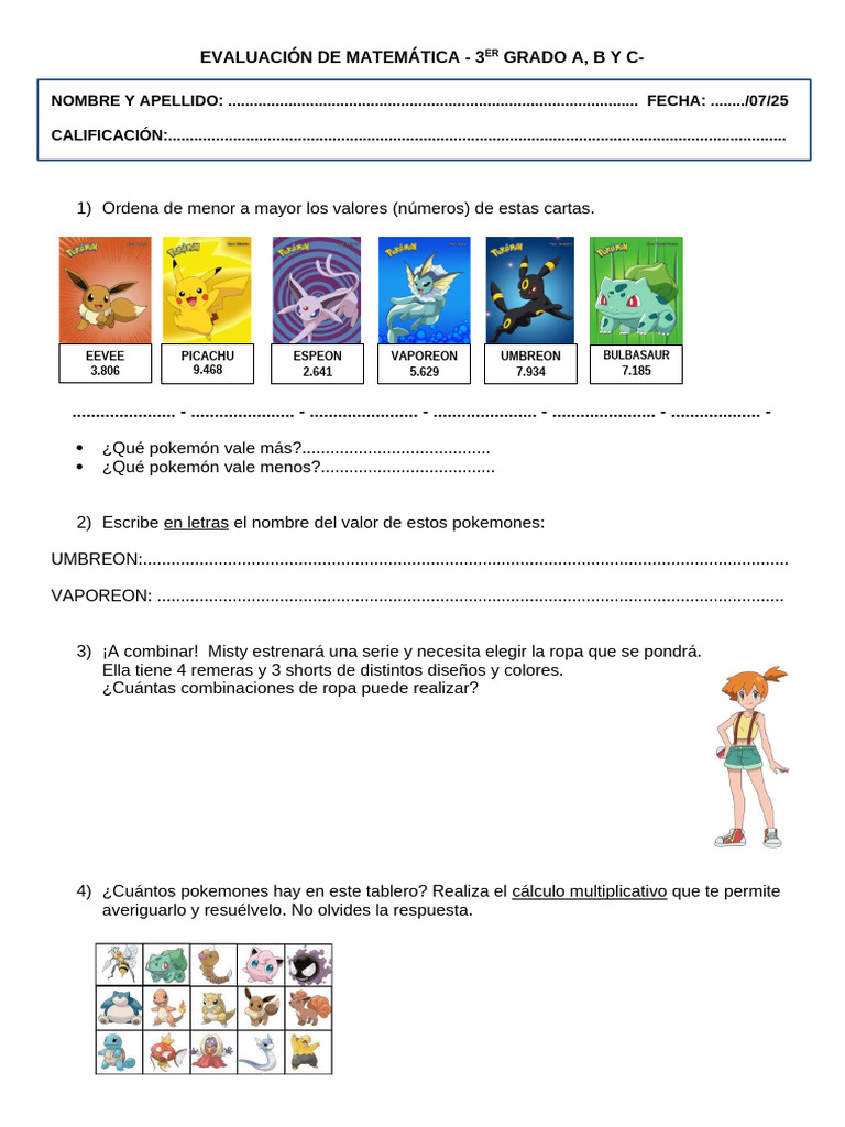 EVALUACIÓN DE MATEMÁTICA Media - Julio 2025 | PDF | Pokémon
